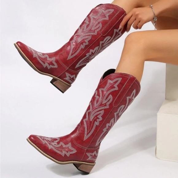 Shoes | Womens Pu Leather Embroidered Geometric Point Toe Cowboy Boots Red Western | Poshmark